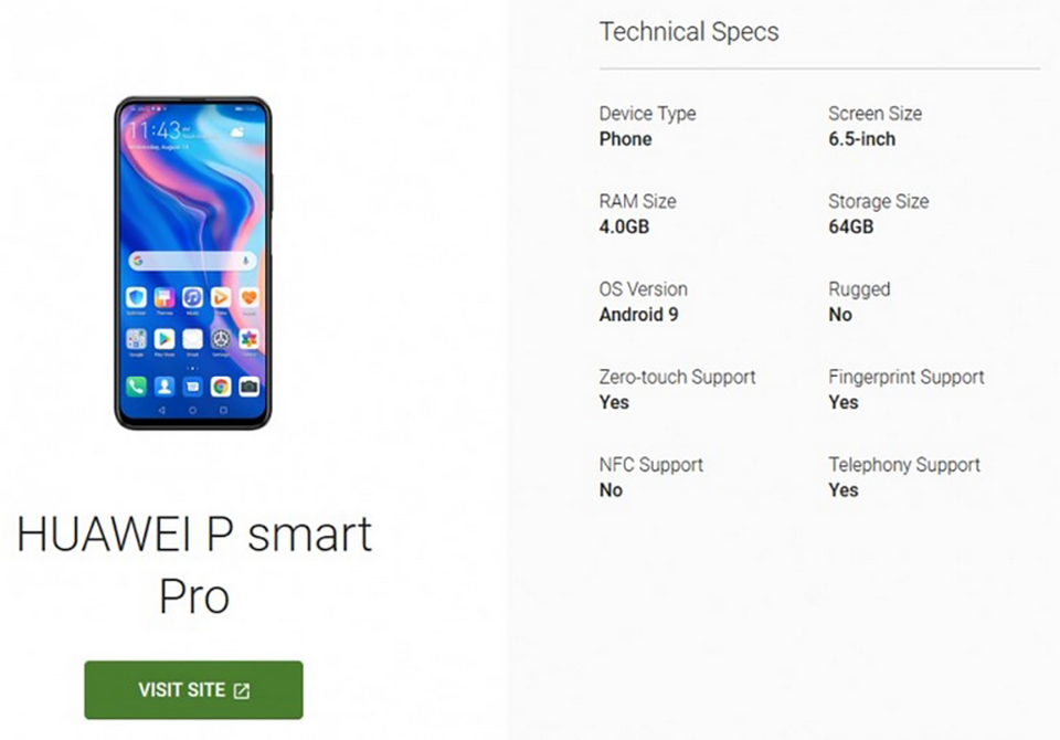 Thông số kỹ thuật Huawei P Smart Pro được tiết lộ bởi Google