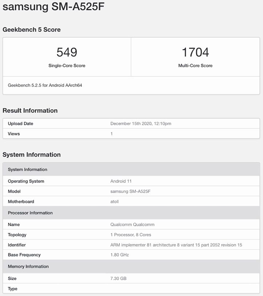 Galaxy A52 4G bất ngờ xuất hiện trên Geekbench với chip Snapdragon 720G ...