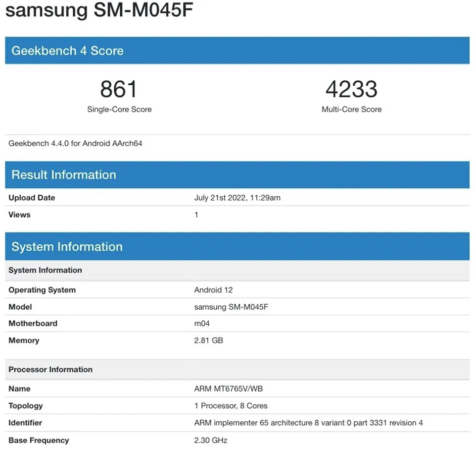 Galaxy M04 giá rẻ sẽ sớm ra mắt, cấu hình được tiết lộ trên Geekbench