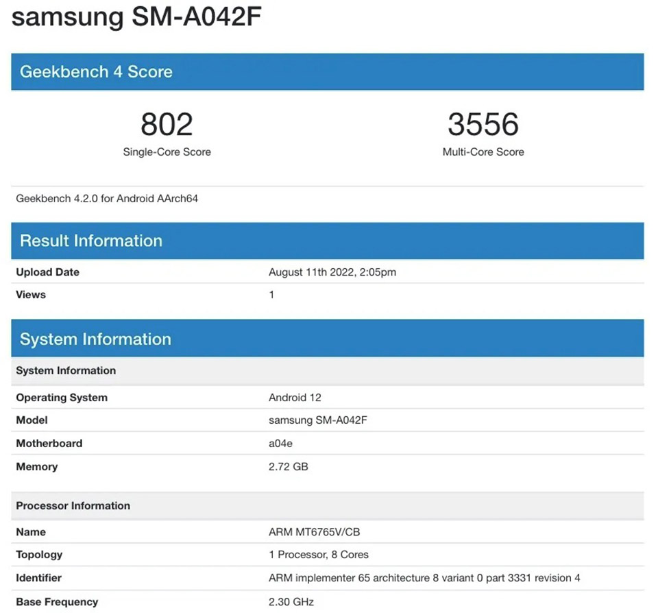 Galaxy A04 Core lộ sức mạnh trên Geekbench, xác nhận dùng chip Helio G35