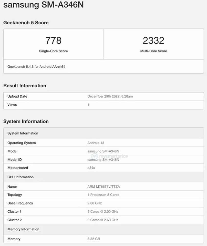 Galaxy A34 5G được xác nhận dùng chip Dimensity 1080 trên Geekbench