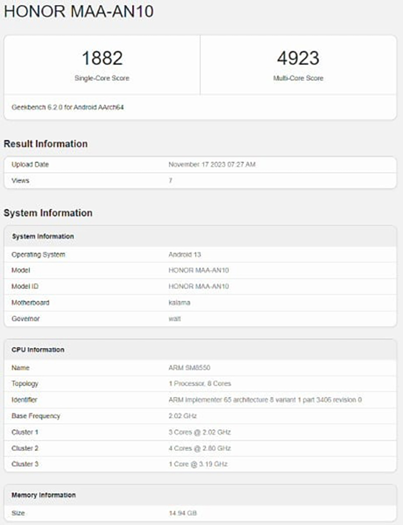 Honor 100 series xuất hiện trên Geekbench với chip Snapdragon 7 Gen 3 ...